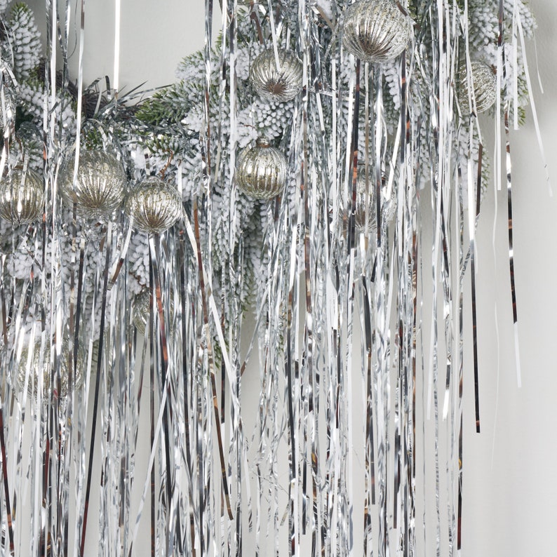 Silver Tinsel Christmas Wreath – Mercury Look Ornaments, Snow Pine - Etsy