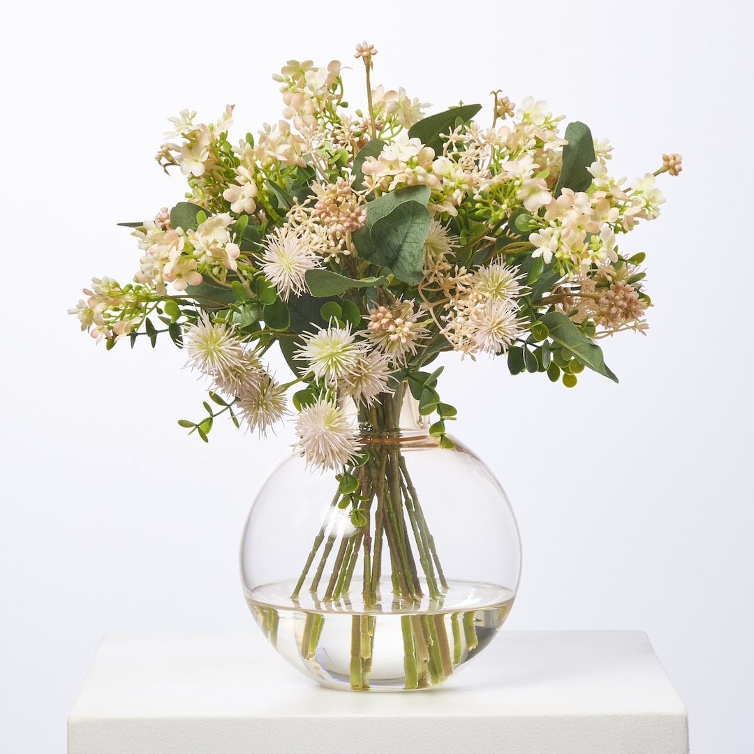 Fuzzy Navel - Peach Thistle Pods & Blush Waxflower With Eucalyptus in ...