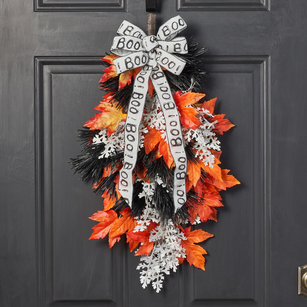 Black Pine Needle & Orange Maple Leaf Teardrop Halloween Swag With Hand ...