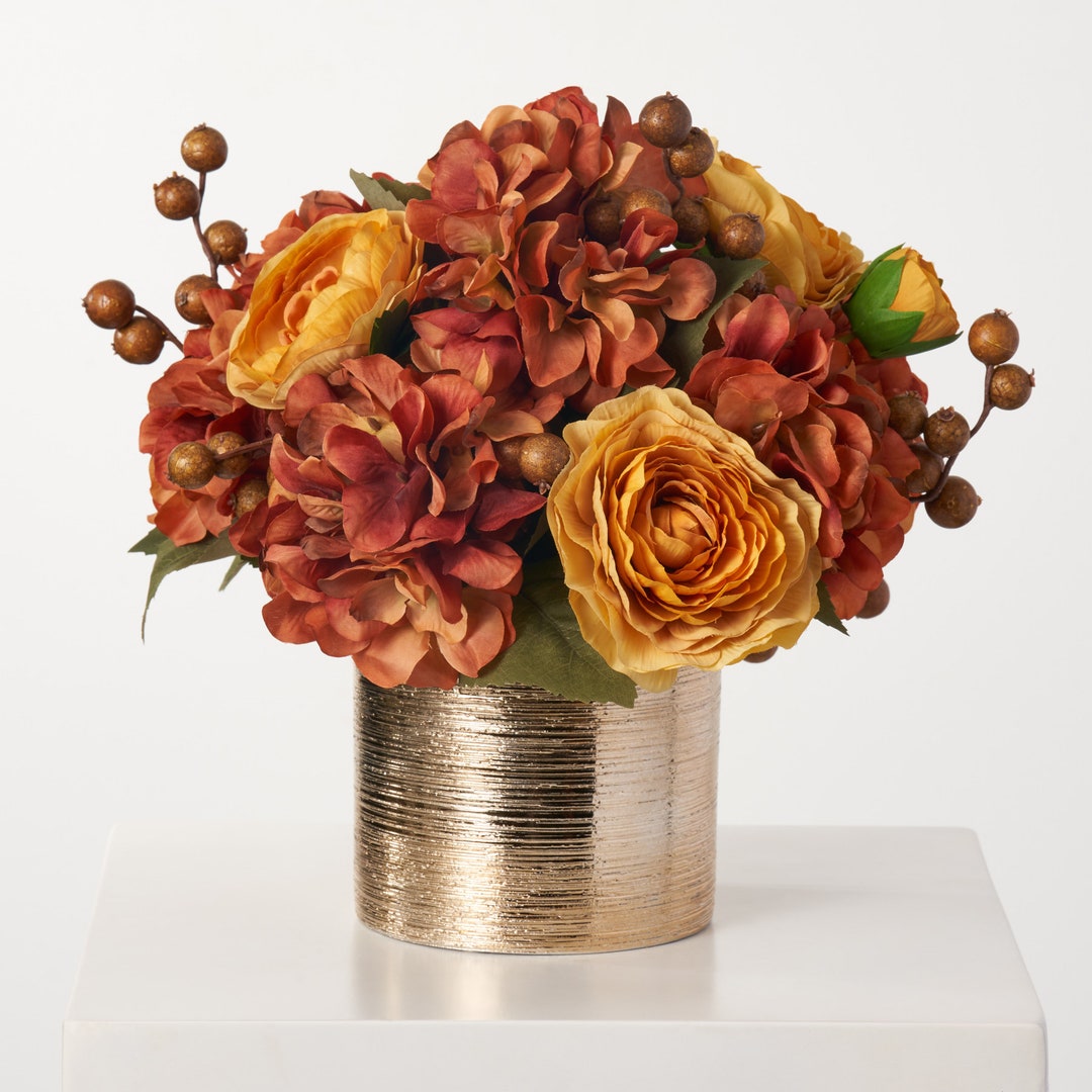 Golden Hour - Rust Peony, Gold Ranunculus & Birch Leaf Fall Arrangement ...