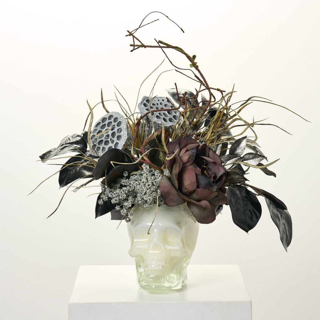 Voodoo Curse - Hand Blown Glass Skull Vase Patent Leather Magnolia Leaf ...