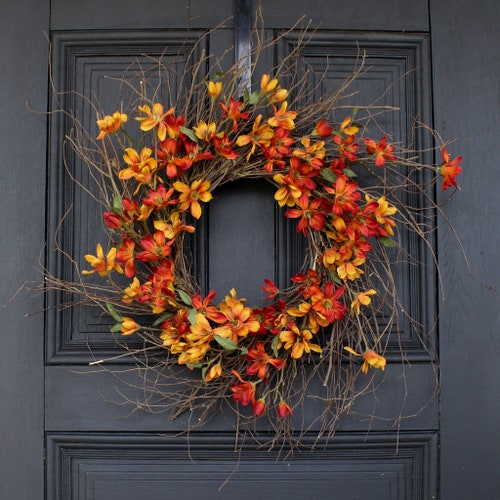 Wine Mini Cosmos Wispy Birch Twig Front Door Fall Wreath - Etsy