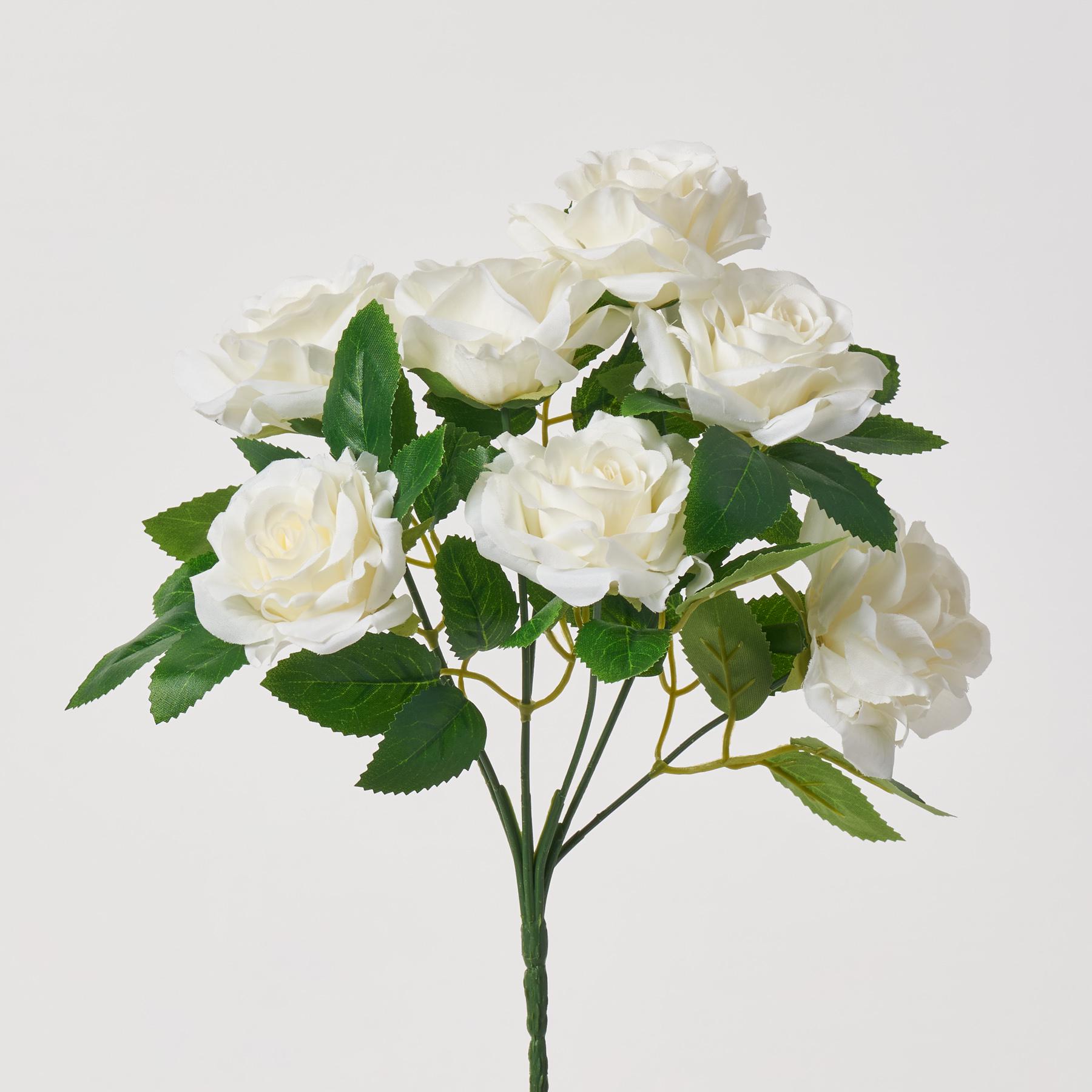 White Silk Rose Bush Stem Bouquet - 11