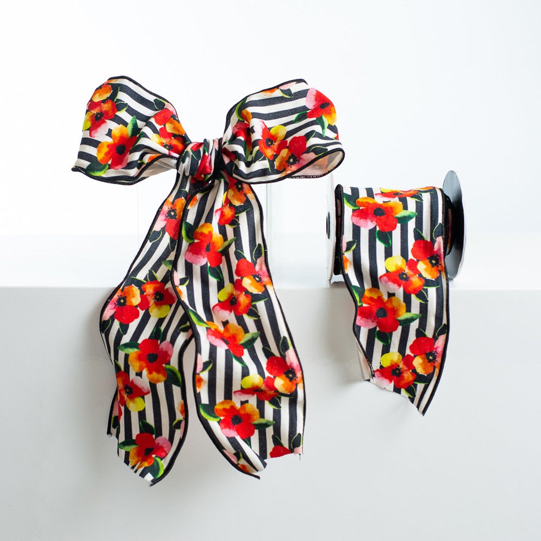 D. Stevens Canvas Stripe Watercolor Posh Poppy Hand Tied Bow & Spool of ...