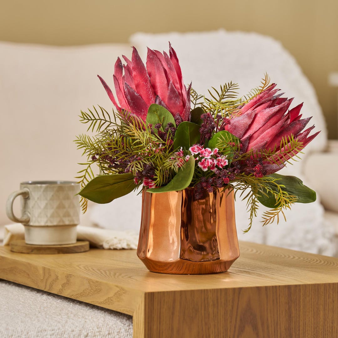 Burgundy King Protea, Mini Dianthus Bloom & Wild Fern in Rose Gold Pot ...
