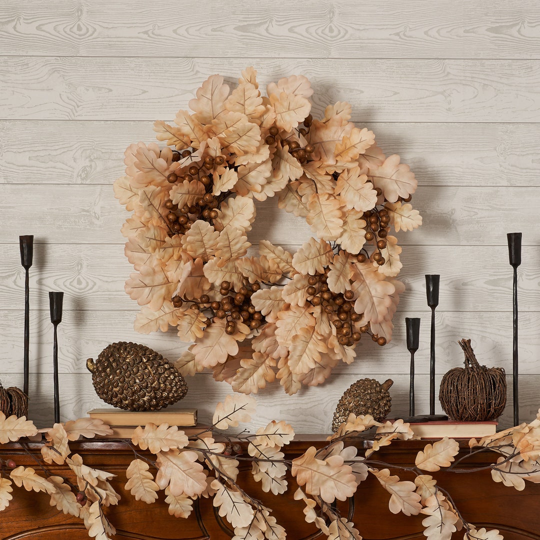 Bleached Cream Oak Leaf & Toffee Brown Berry Fall Autumn Mantle Front Door Wreath - Etsy
