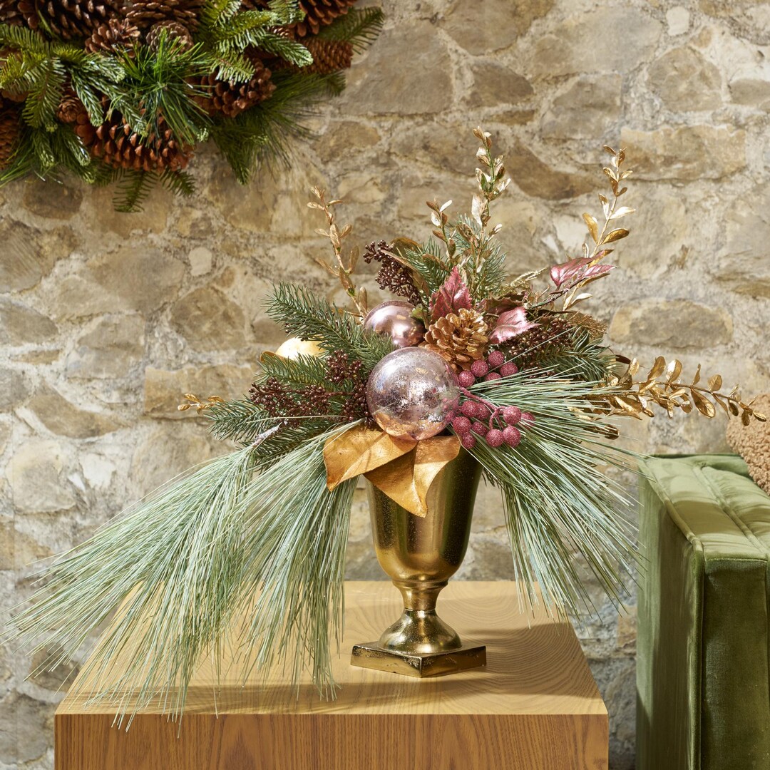 Very Merry Mauve Christmas Ornament Holiday Arrangement in Gold Challis ...