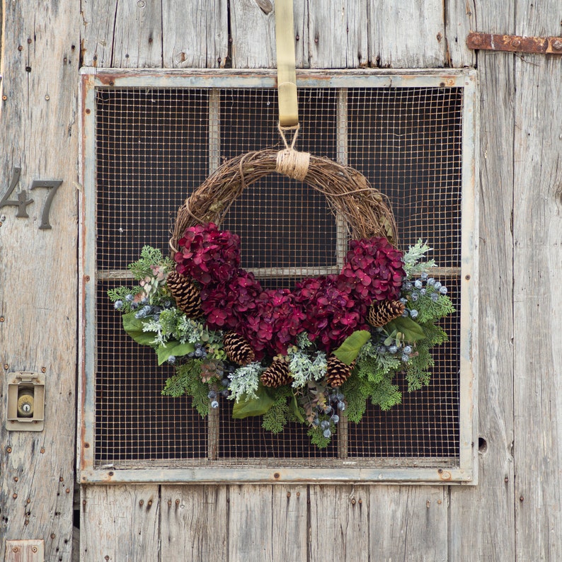 Wine Hydrangea Blueberry & Mixed Greens Asymmetrical Fall | Etsy