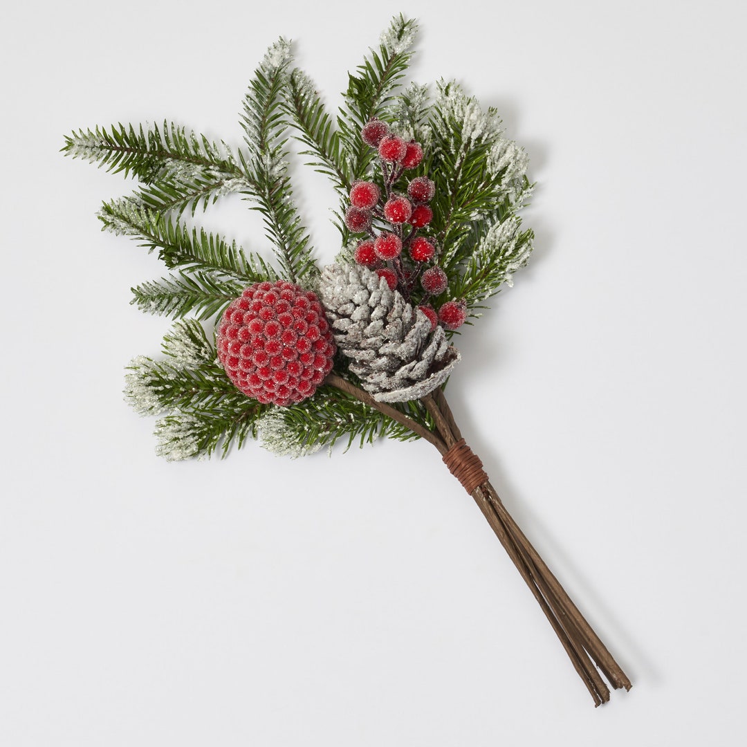Snow Tipped Pine, Iced Red Berry Ball, & Pinecone Winter Holiday Pick ...