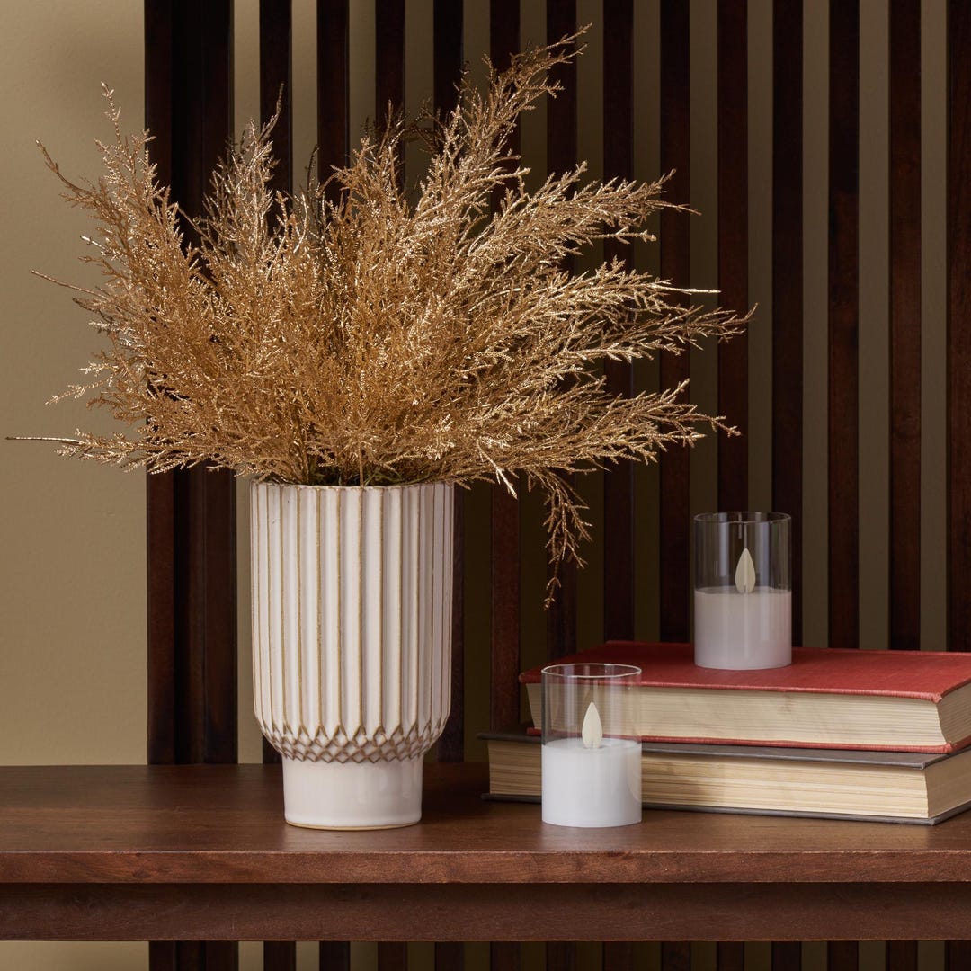 Gilded Gold Metallic Cedar Topiary Bush in Textured Cream Vase Holiday ...