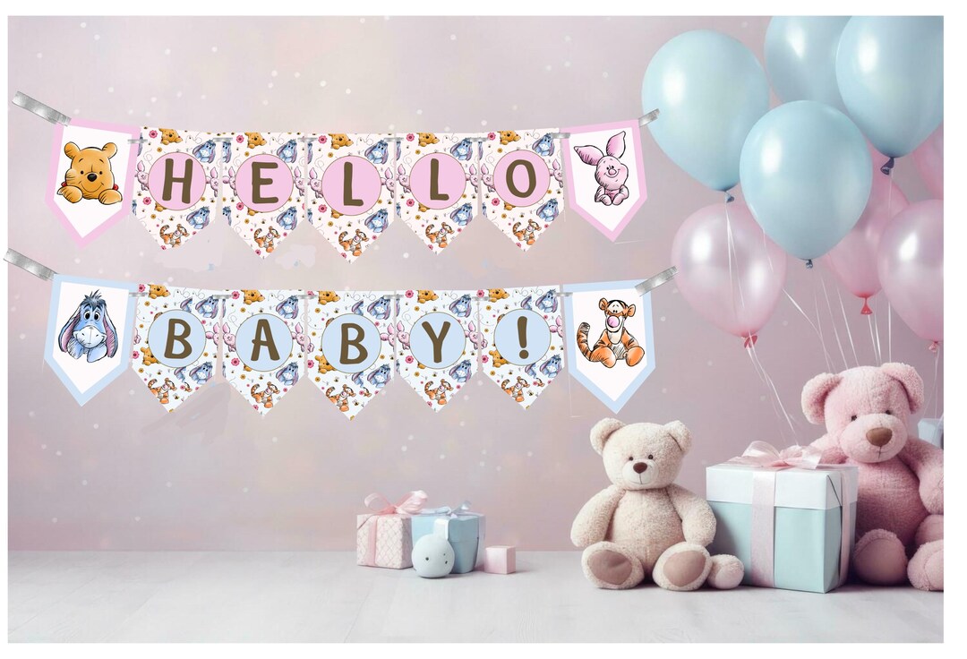 Pooh, Piglet, Tigger Hello Baby Pink or Blue Bunting Banner, Pooh Bear ...