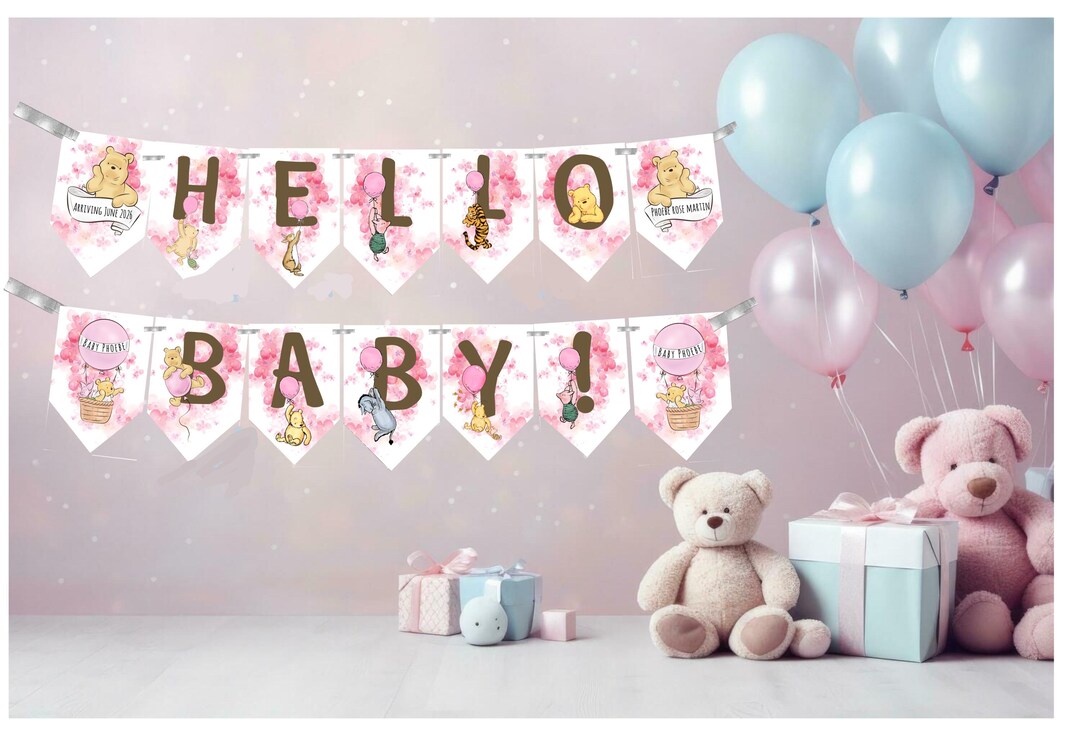 Hello Baby Classic Pooh Balloon Bunting Banner, Classic Pooh Floral ...