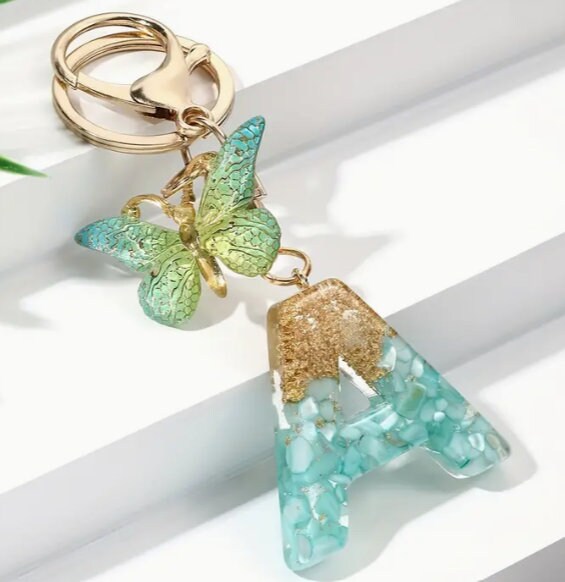 Gold Glitter & Teal Glass Chip Initial Key Chains / Handbag Charms ...
