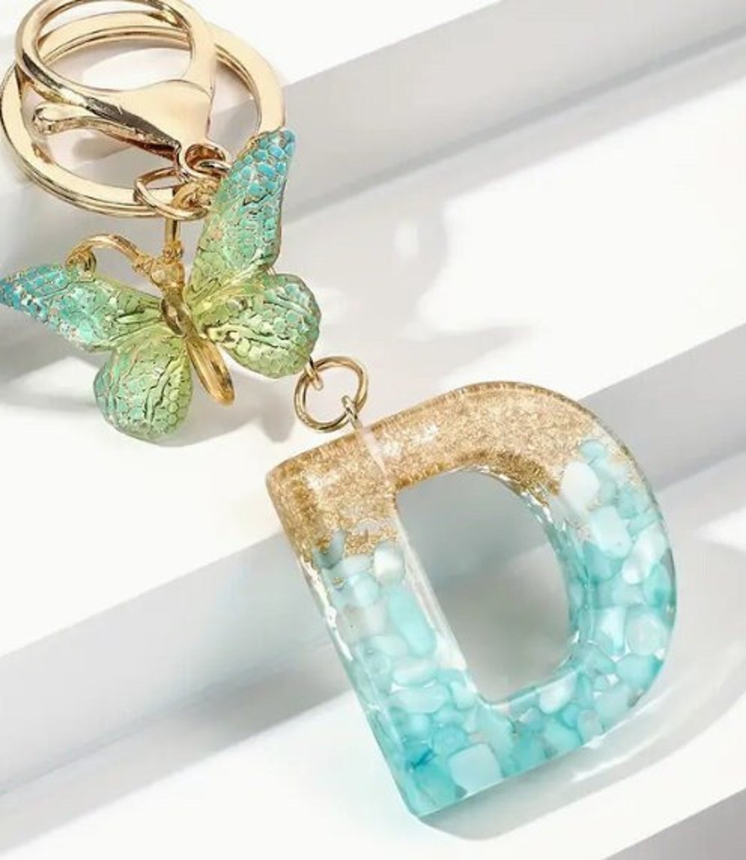 Gold Glitter & Teal Glass Chip Initial Key Chains / Handbag Charms ...