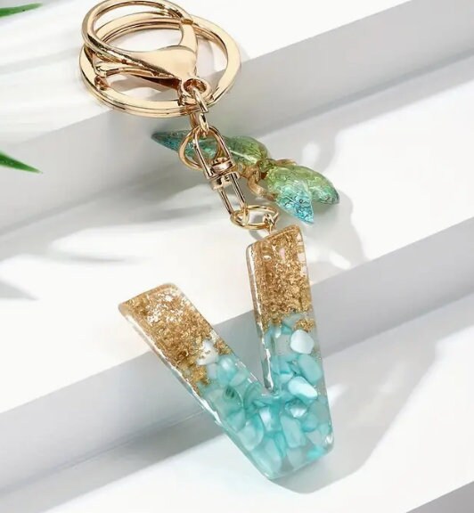 Gold Glitter & Teal Glass Chip Initial Key Chains / Handbag Charms ...