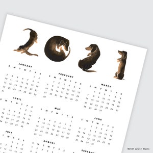 One Page 2021 Dachshund Dog Printable Calendar, Yearly Calendar, Dog ...