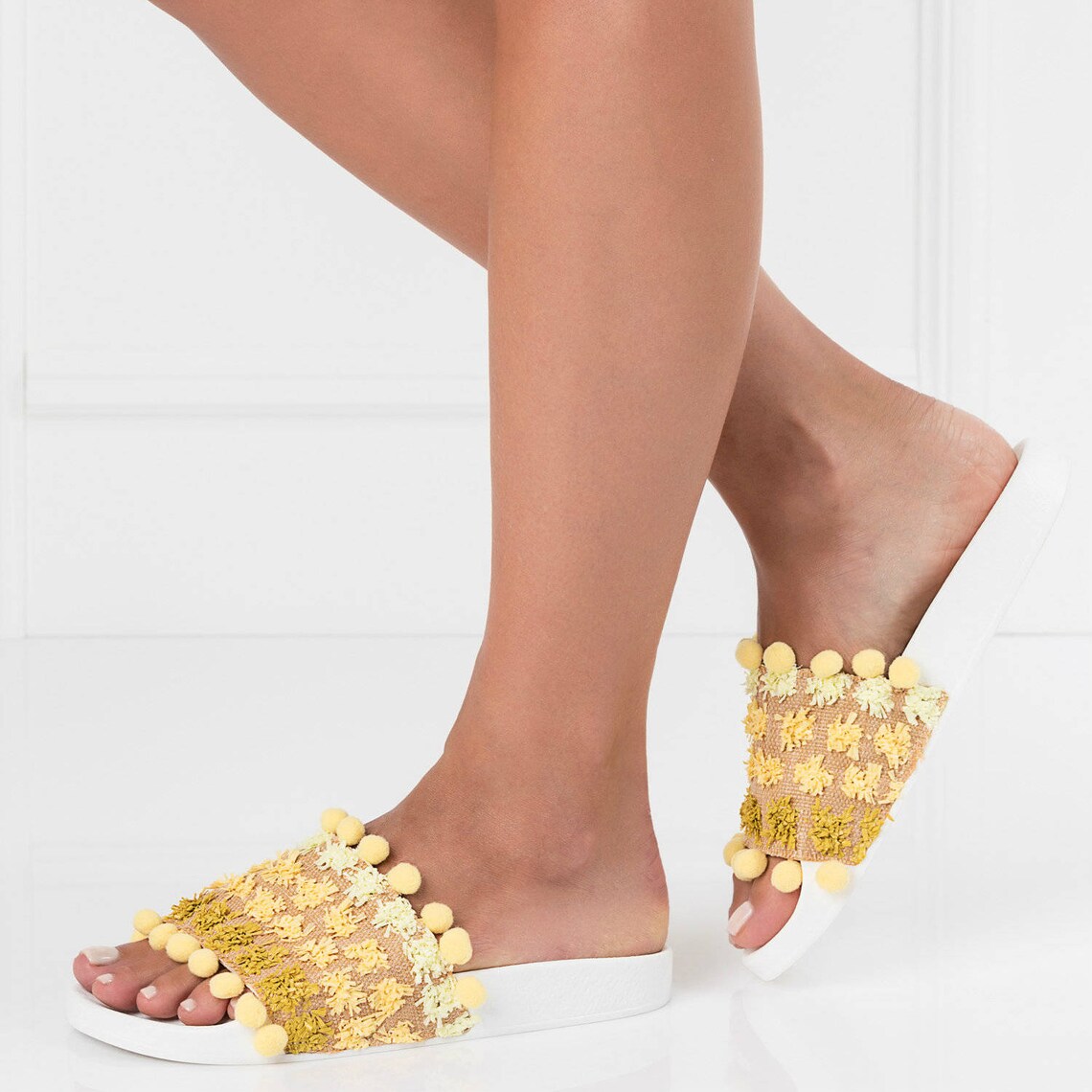 Pool slides slide on sandals yellow raffia and pom pom | Etsy