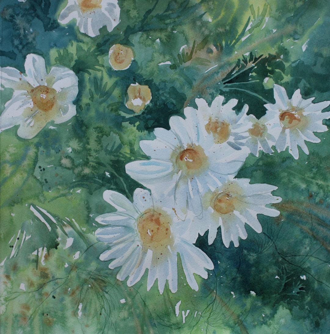 Daisy Watercolour Painting, Watercolour of Garden Flowers, Contemporary ...