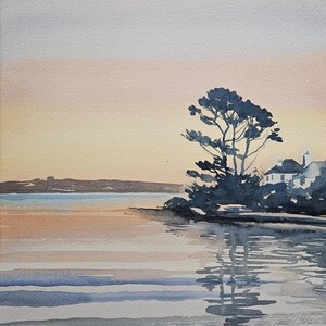 Sunset on Water Watercolour Painting, Mylor Harbour, Cornwall, Coastal ...