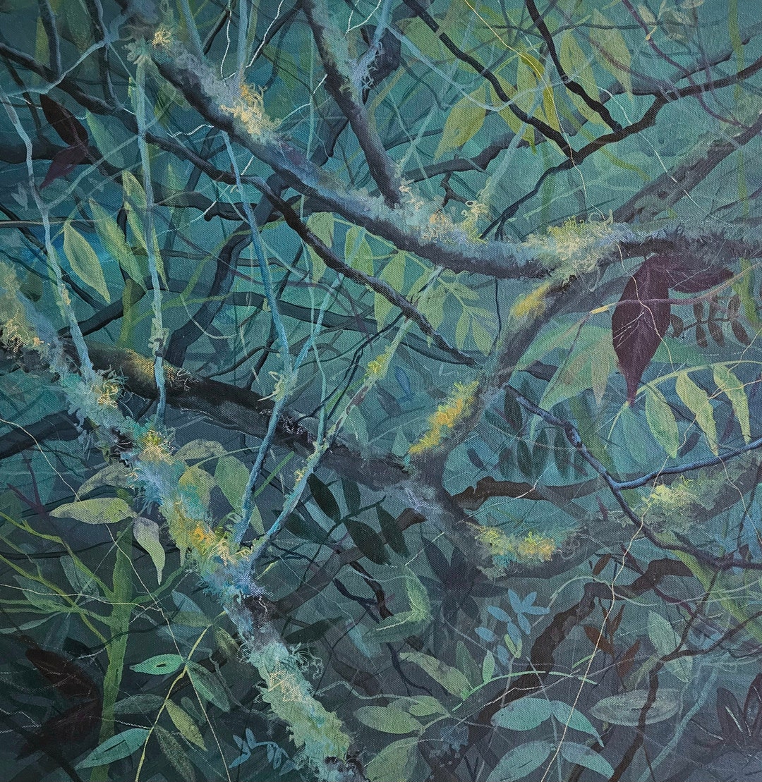 Tree Branch Wall Art, Painting Tree Limbs, Branches With Lichen, Teal Painting, Tree Canopy ...