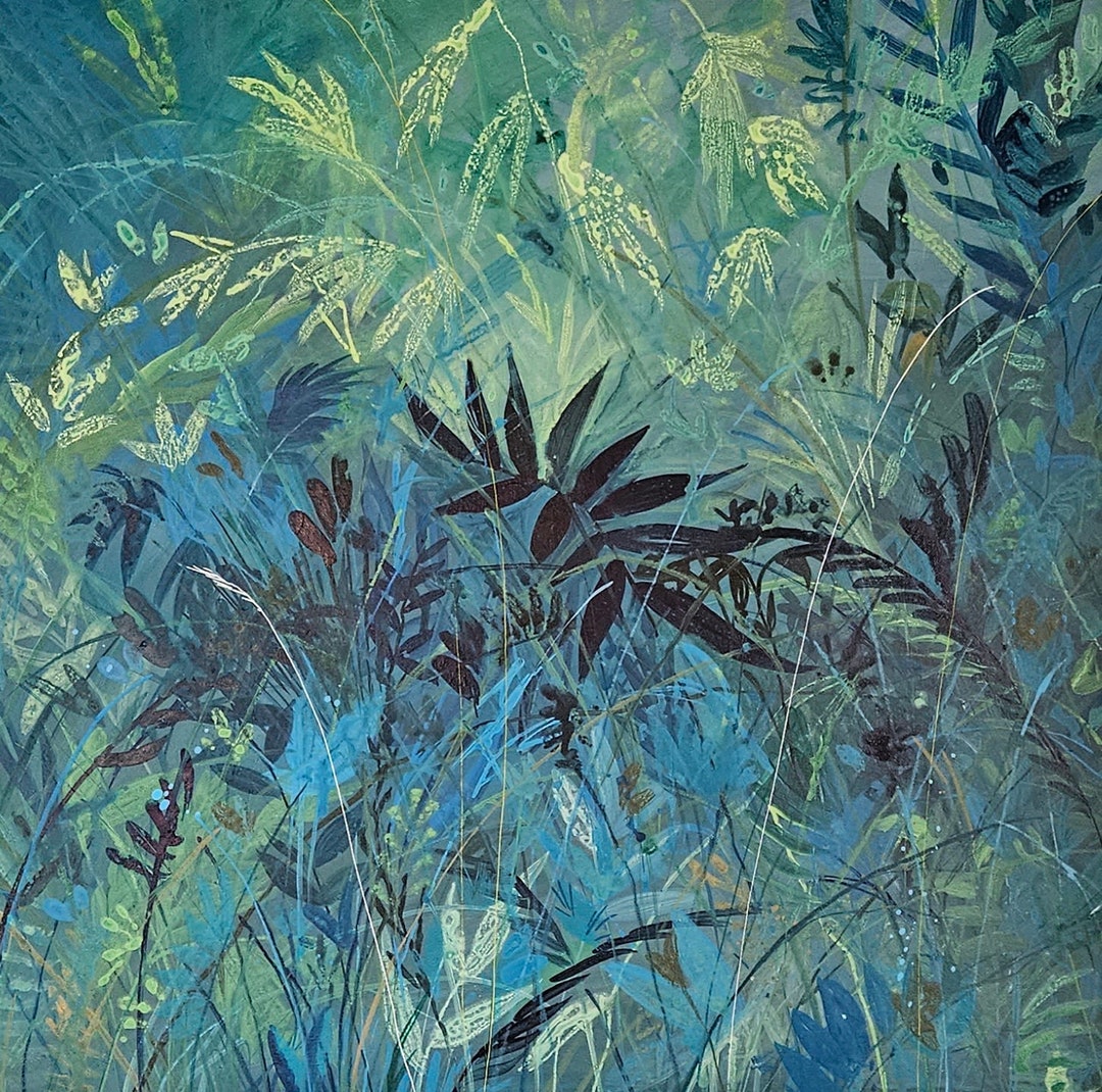 Painting of Flowers and Leaves, Teal Leaf Painting, Greenery, Foliage ...