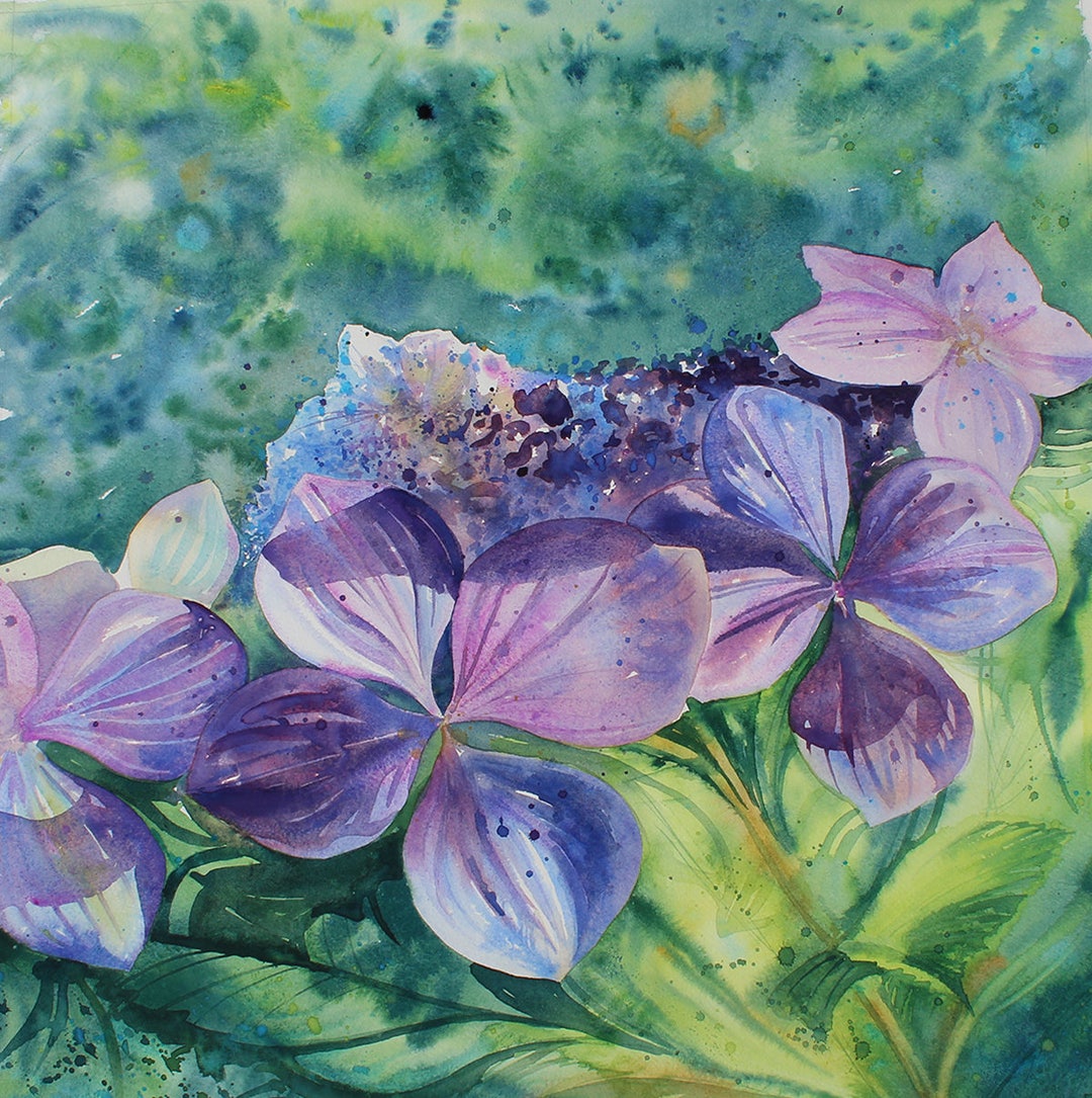 Original Hydrangea Painting, Watercolour of Hydrangeas, Purple Flowers ...