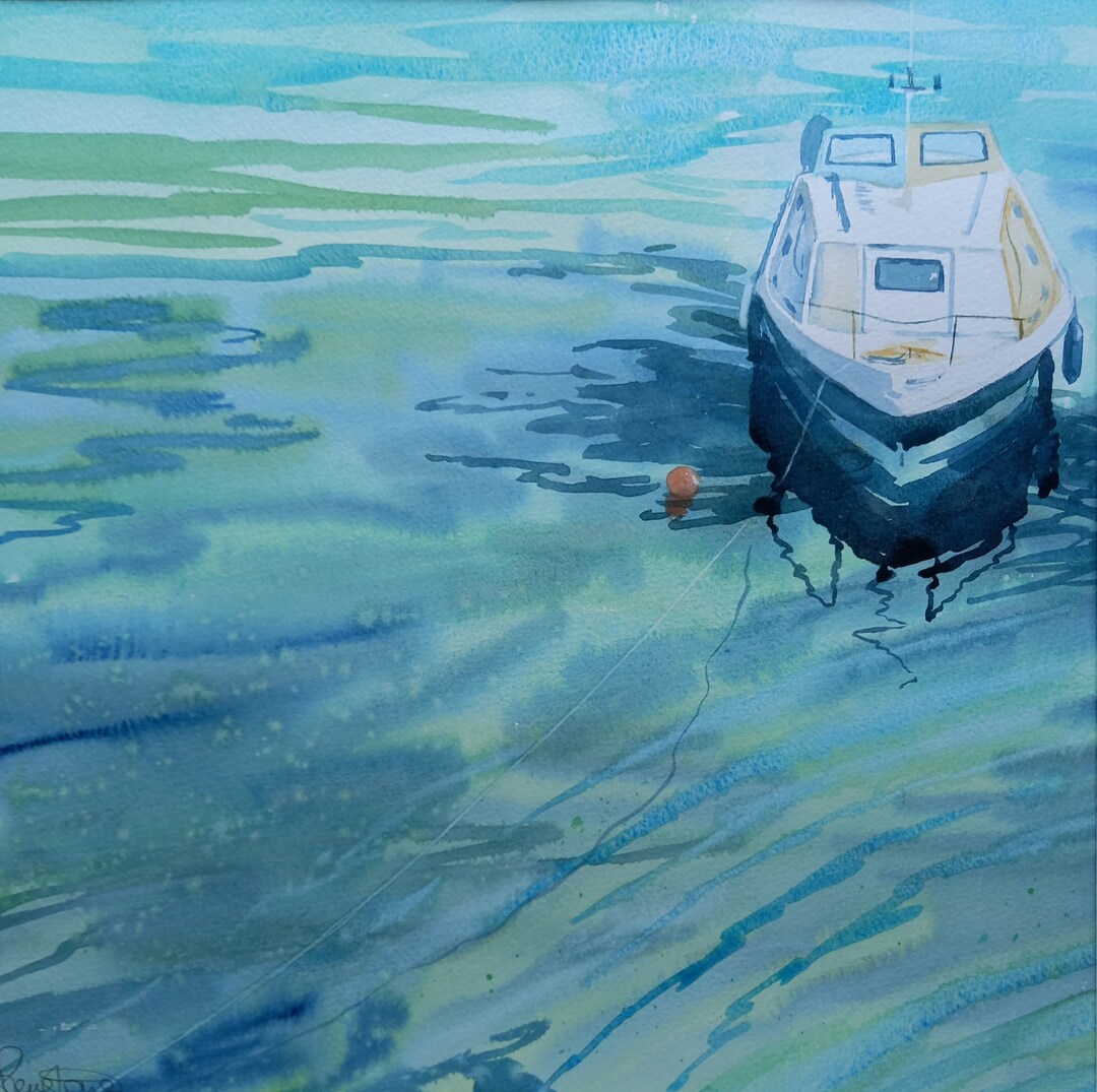 Boat Painting, Cornwall, Blue Painting, Porthleven Harbour, Boat in the ...