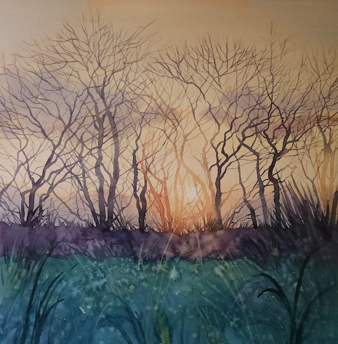 Sunset Watercolour Painting, Sunlight Through Trees, Countryside ...