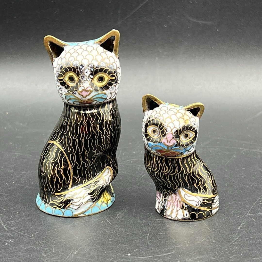 Cloisonne Kitty Cat Figurines Black & White Brass Enamel Pink Nose Set ...