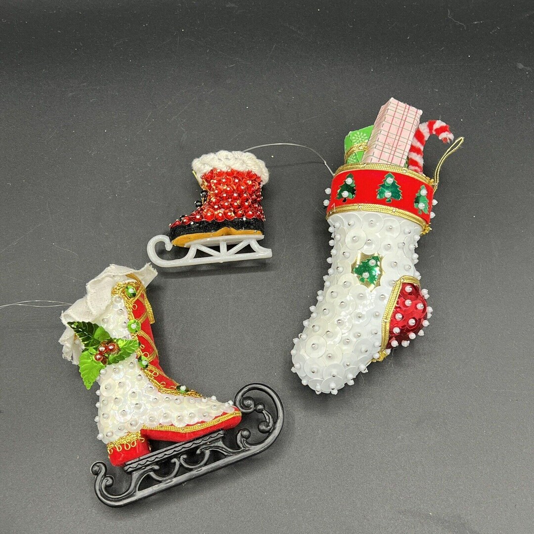 Christmas Push Pin Ornament Satin Sequin Bead Ice Skate Stockin ...