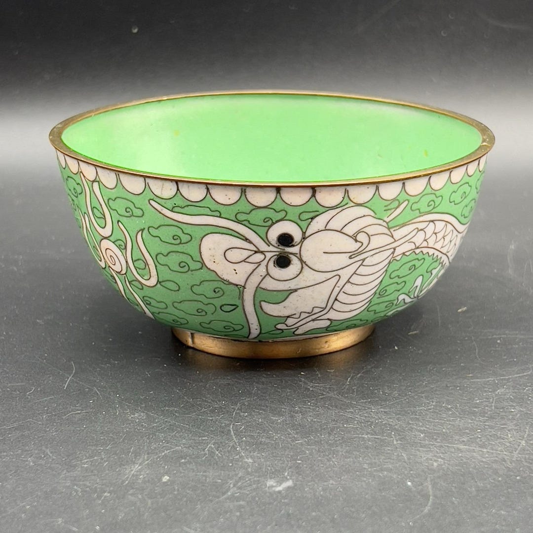 VTG Jingfa Cloisonne Bowl With Dragon Serpent Green Color Hand Signed ...