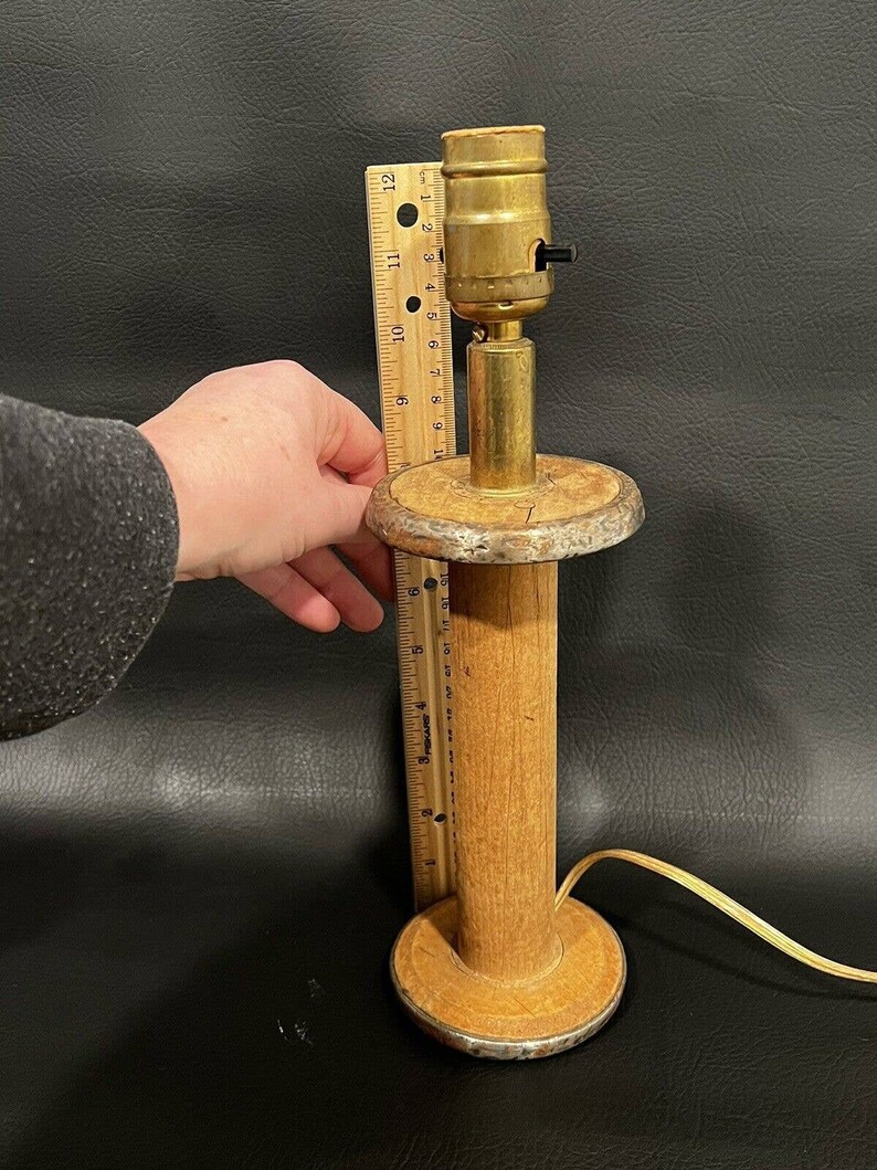 Vintage Industrial Wooden Thread Textile Spool Table Lamp 13" ~ WORKS ...