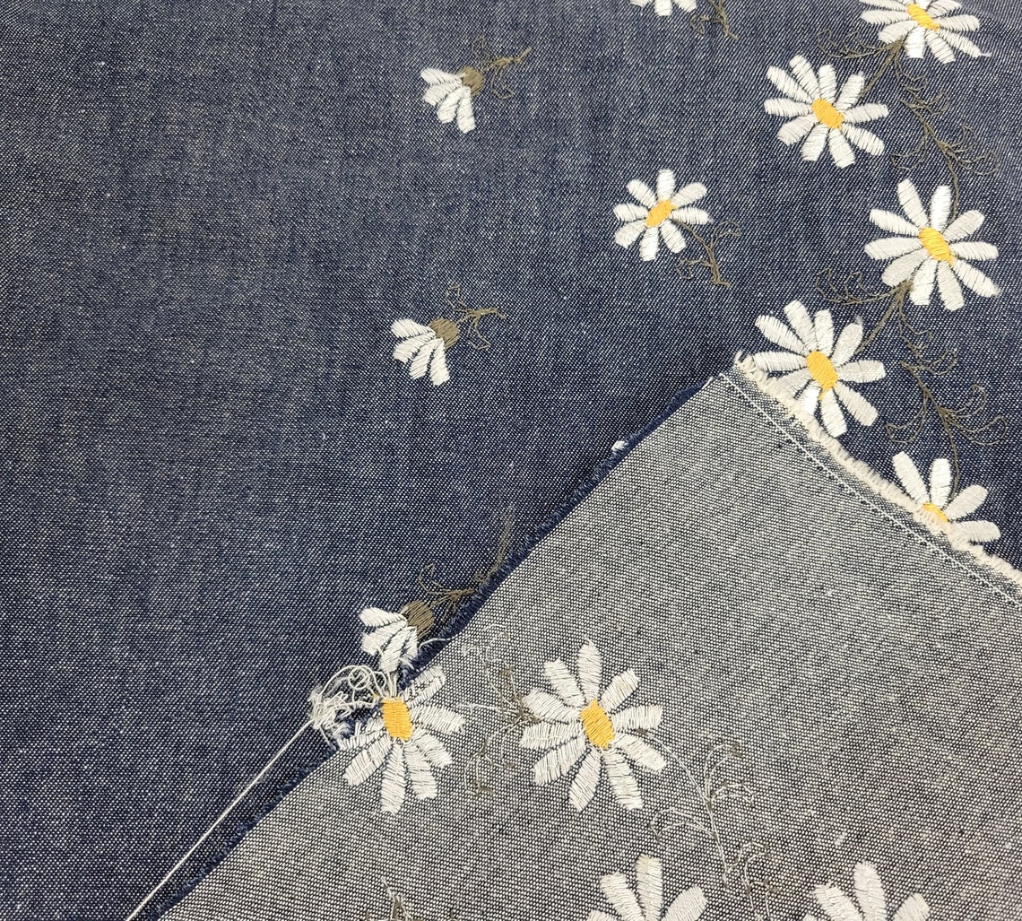 100% Cotton Denim 2 Sided Border Embroider Fabric by the Yard White ...