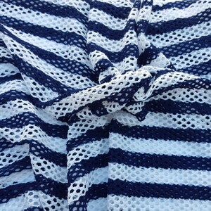 Navy White Stripe Fishnet Lace Fabric Cotton SPANDEX Knit by the Yard ...