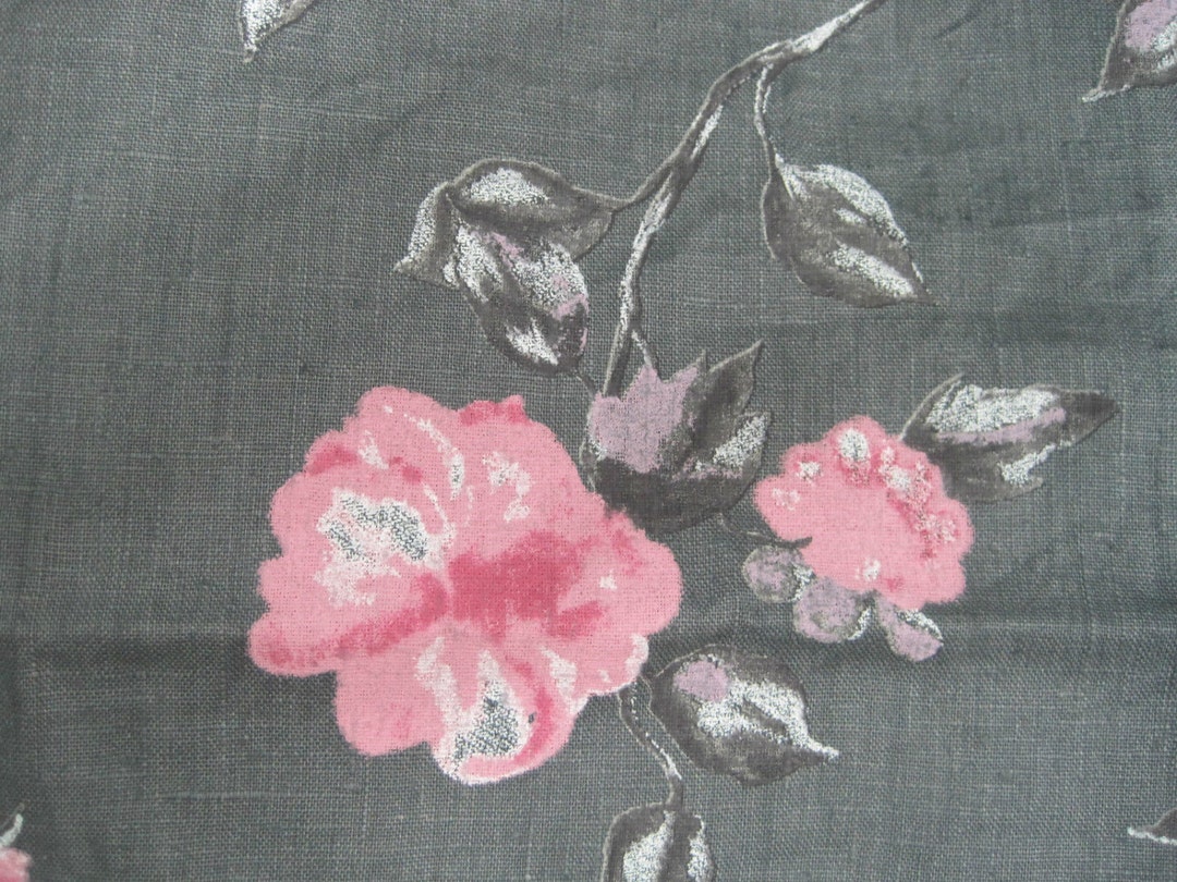 100% Linen Fabric by the Yard Gray With Pink Flowers Print (upholstery ...