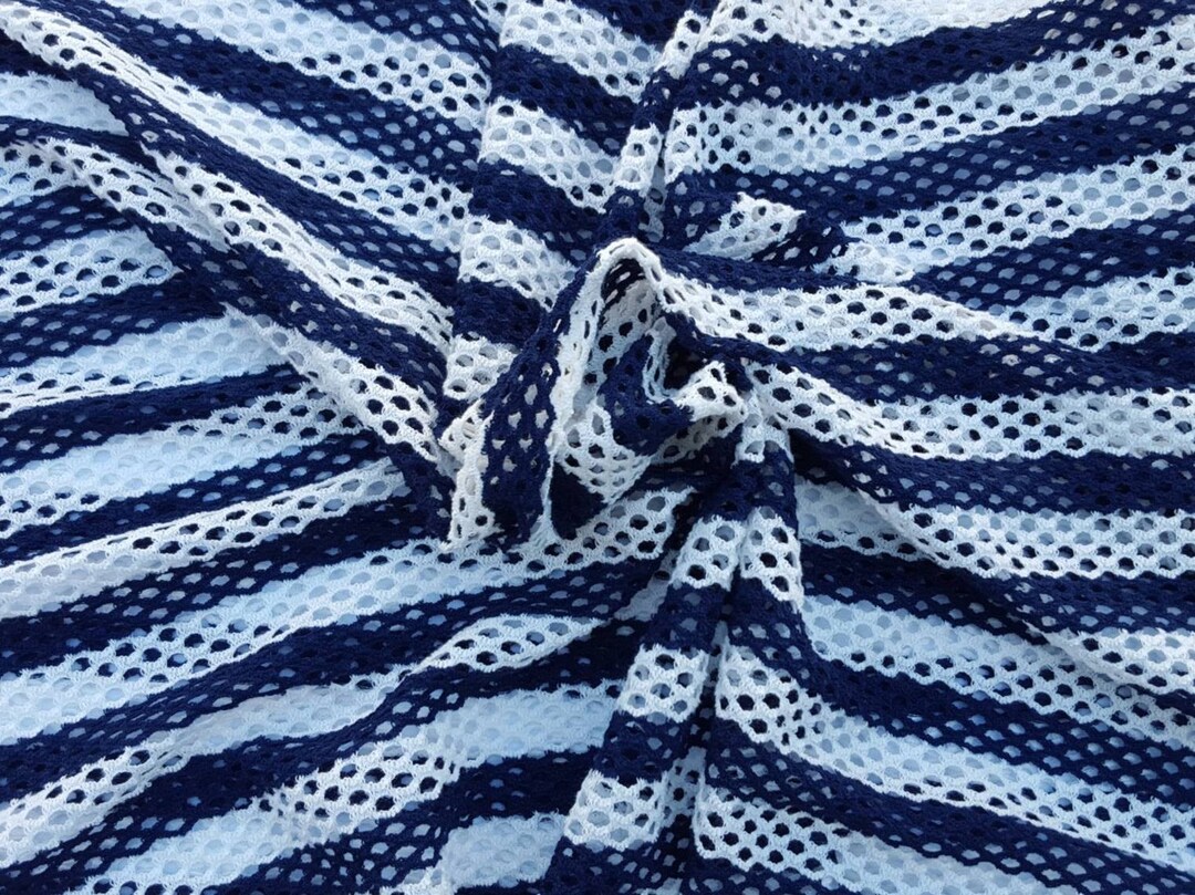 Navy White Stripe Fishnet Lace Fabric Cotton SPANDEX Knit by the Yard ...