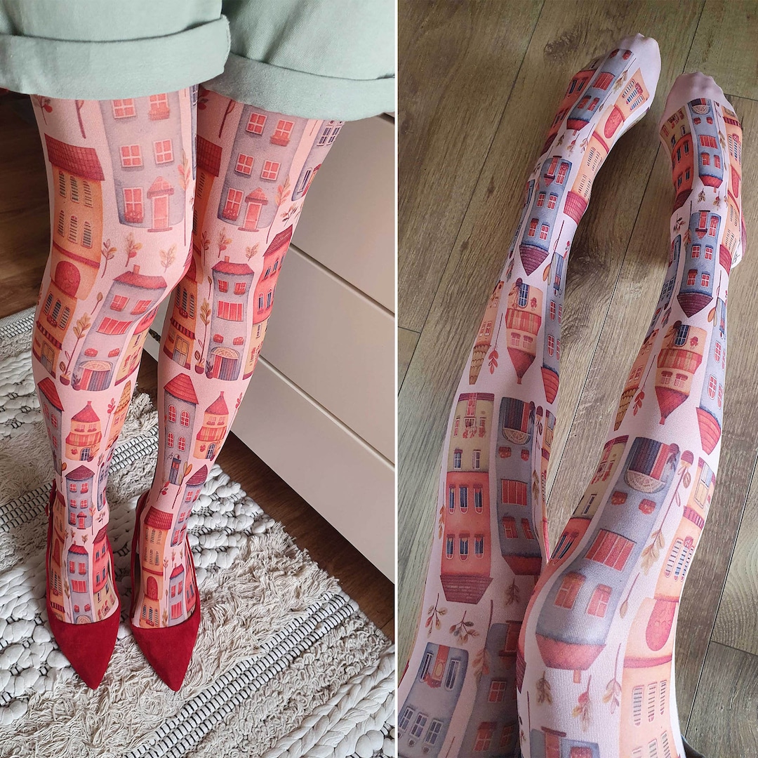 City Print Opaque Tights, Building Print Tights, Town Printed Tights ...
