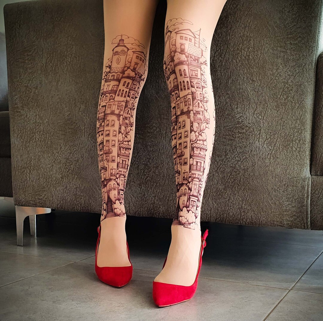 City Print Opaque Tights, Building Printed Tights, Town Printed Tights ...
