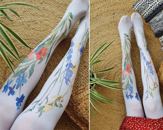 White Opaque Tights With Flowers Printed Tights With Plants - Etsy