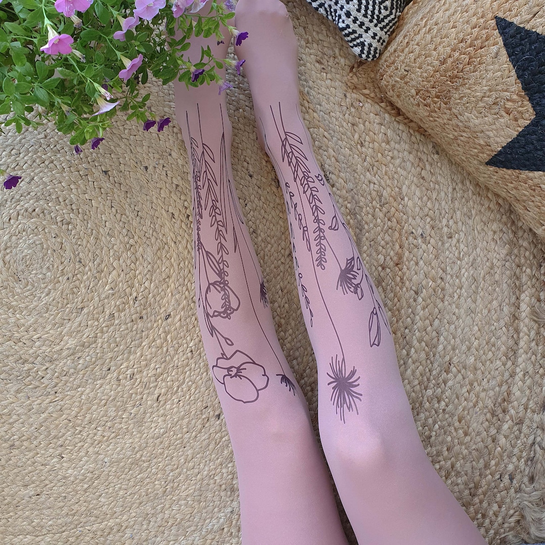 Opaque Tights With Flowers, Printed Tights With Plants, Botanical ...