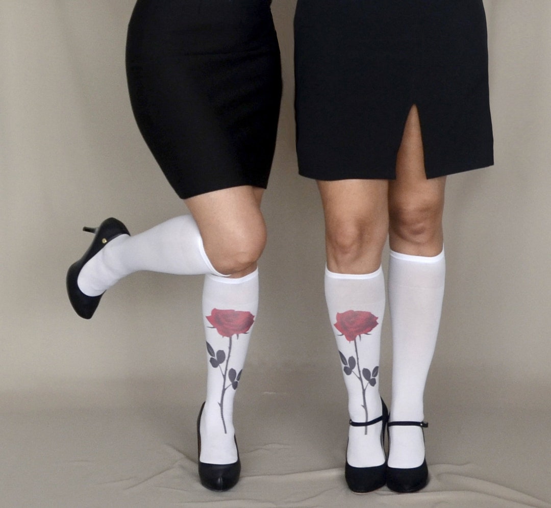 Printed Knee High Socks With Rose, Hand Printed Nylon Socks, One Pair ...