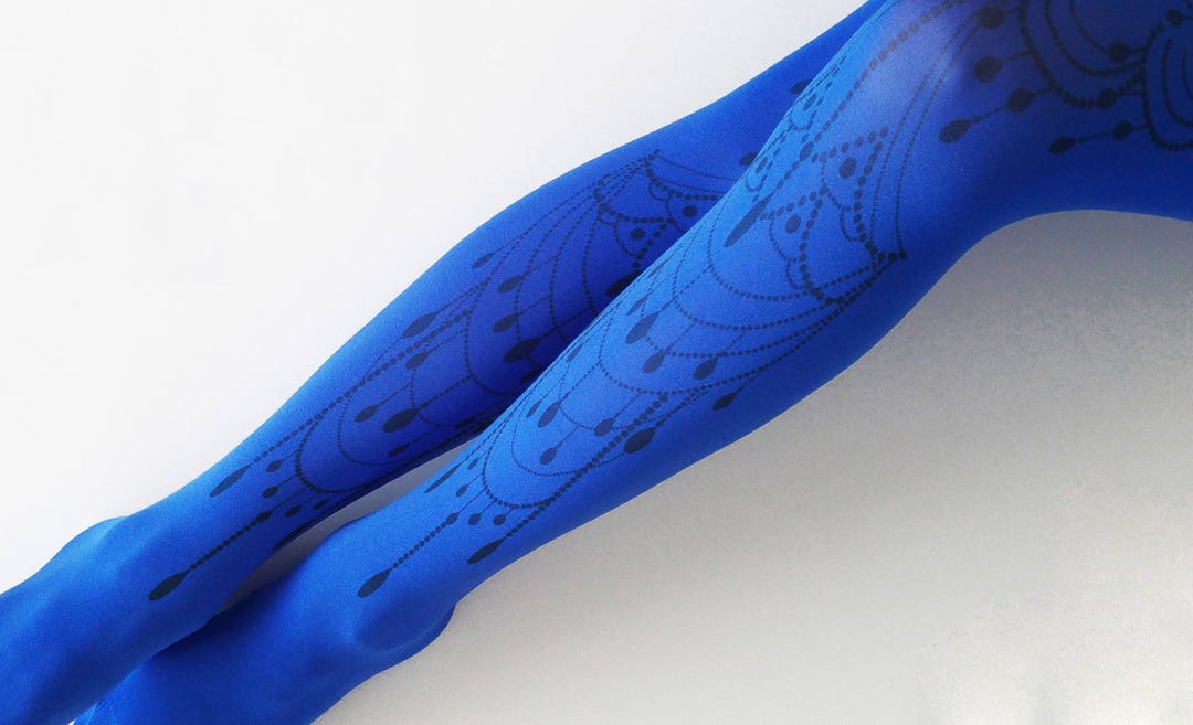 Beautiful Blue Opaque Printed Tights, Hand Printed Tights , Blue ...