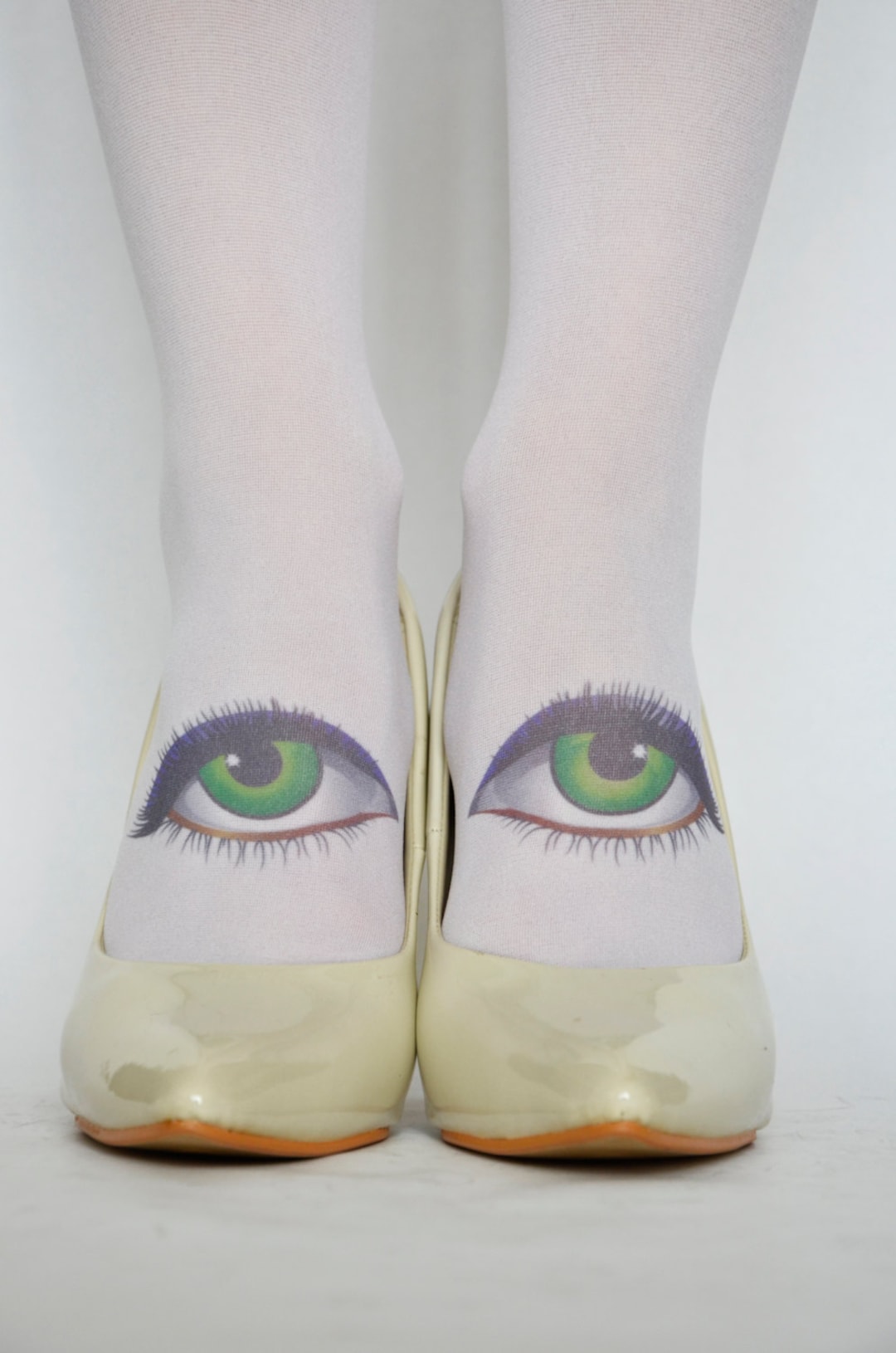 White Knee High Socks With Green Eyes Print, Creative Tights - Etsy