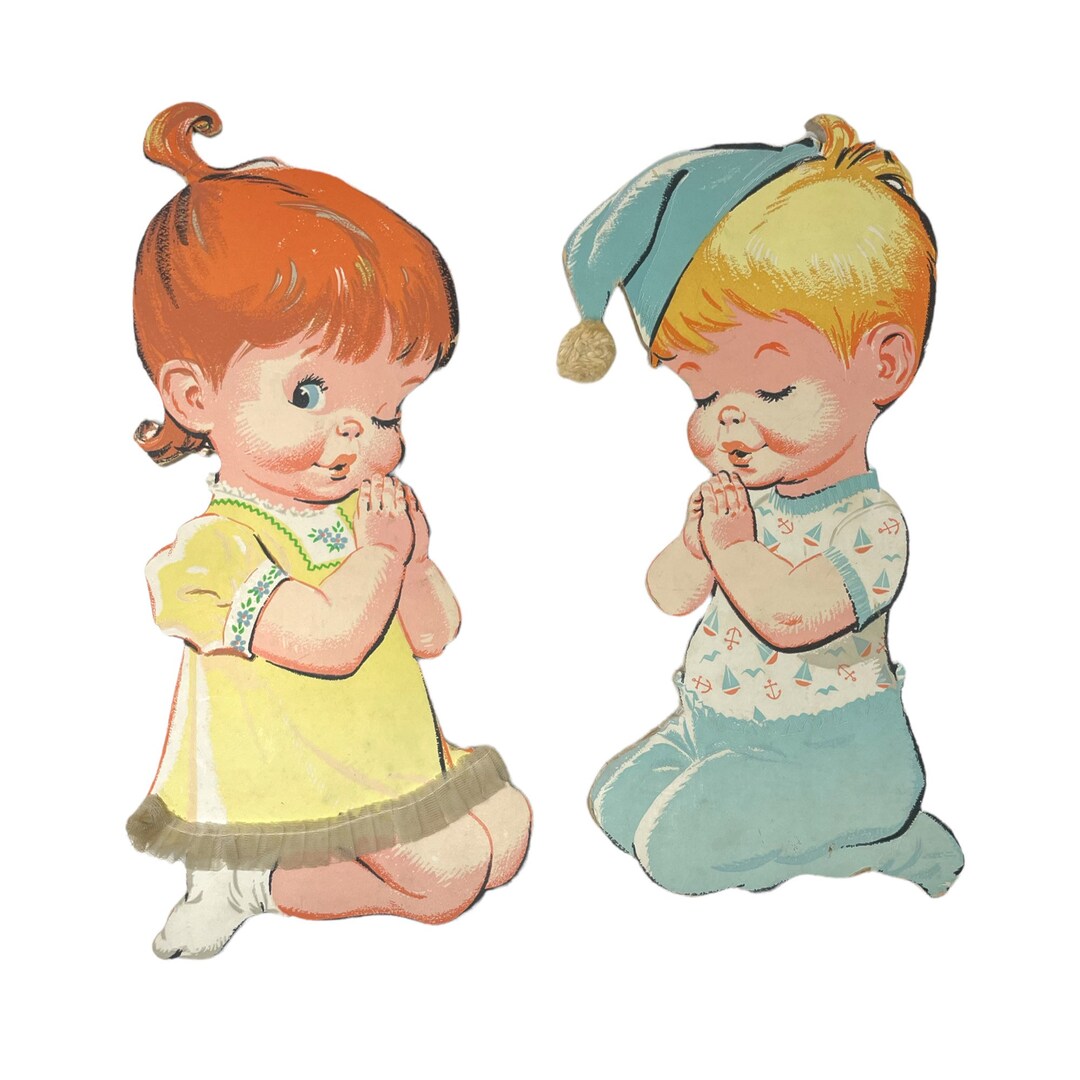 Vintage Children Praying Religious Boy Girl Illustrated Wall Art Decor ...