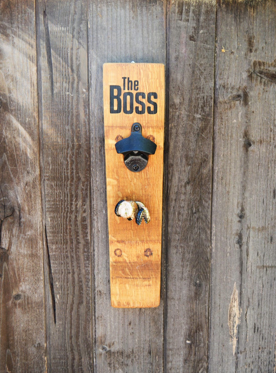 The Boss Wall Bottle Opener – 15x4 Rustic Wine Barrel Wood – Black ...