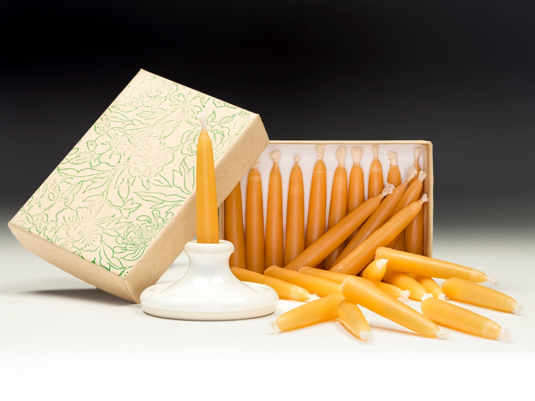 18 Small Beeswax Taper Candles (20 Minute Burntime,2in) With Ceramic ...