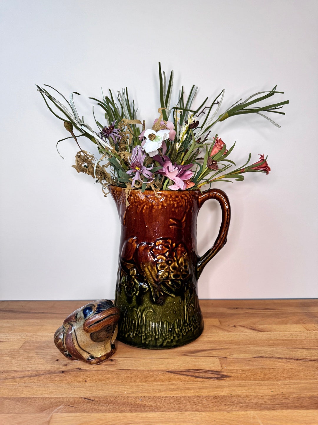 Rare Water Pitcher Stoneware Olive Green and Brown Birds Circa 1900's ...