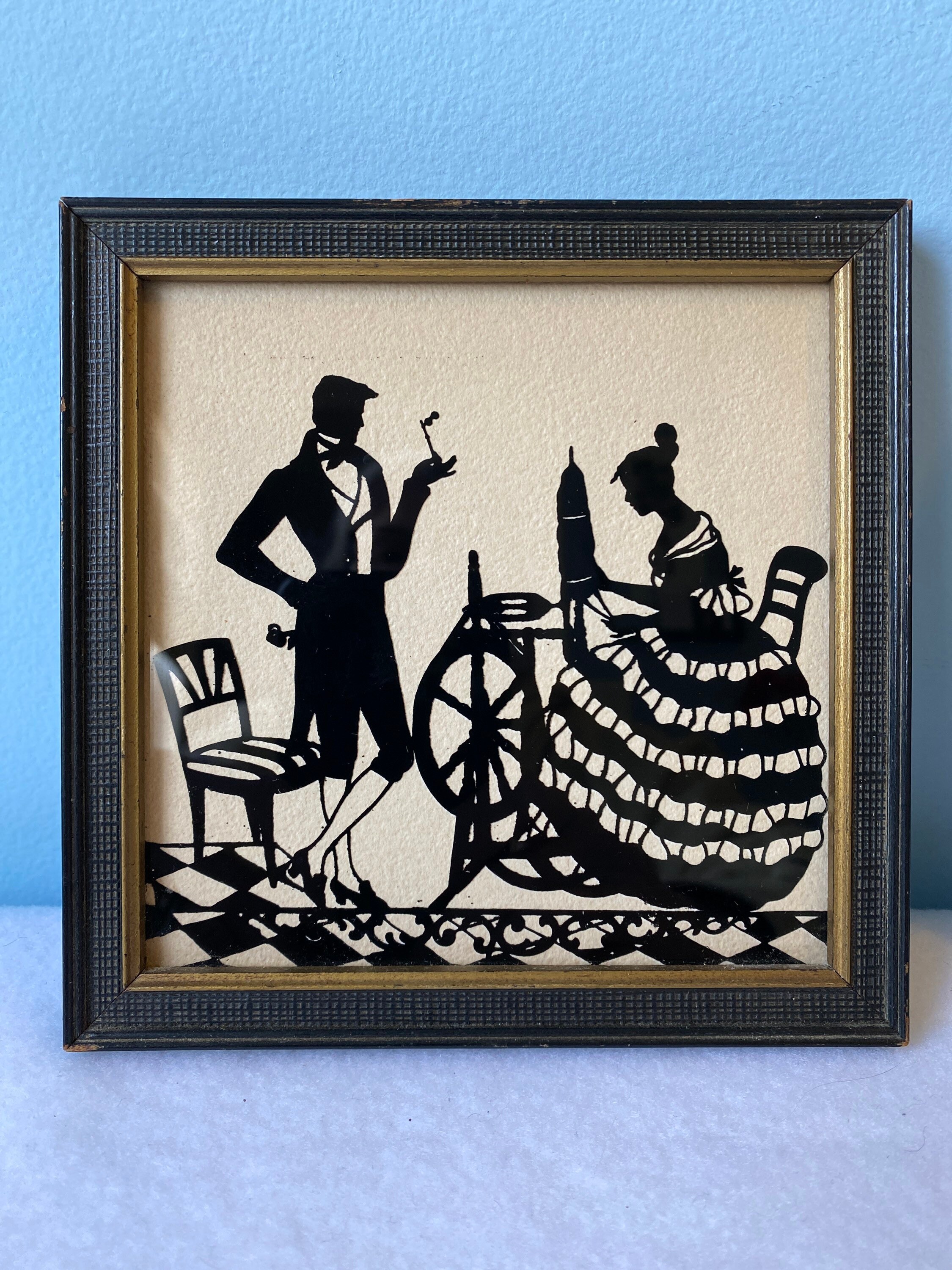 19th Century Framed Colonial Silhouette Shadow Art Courtship Scene and ...
