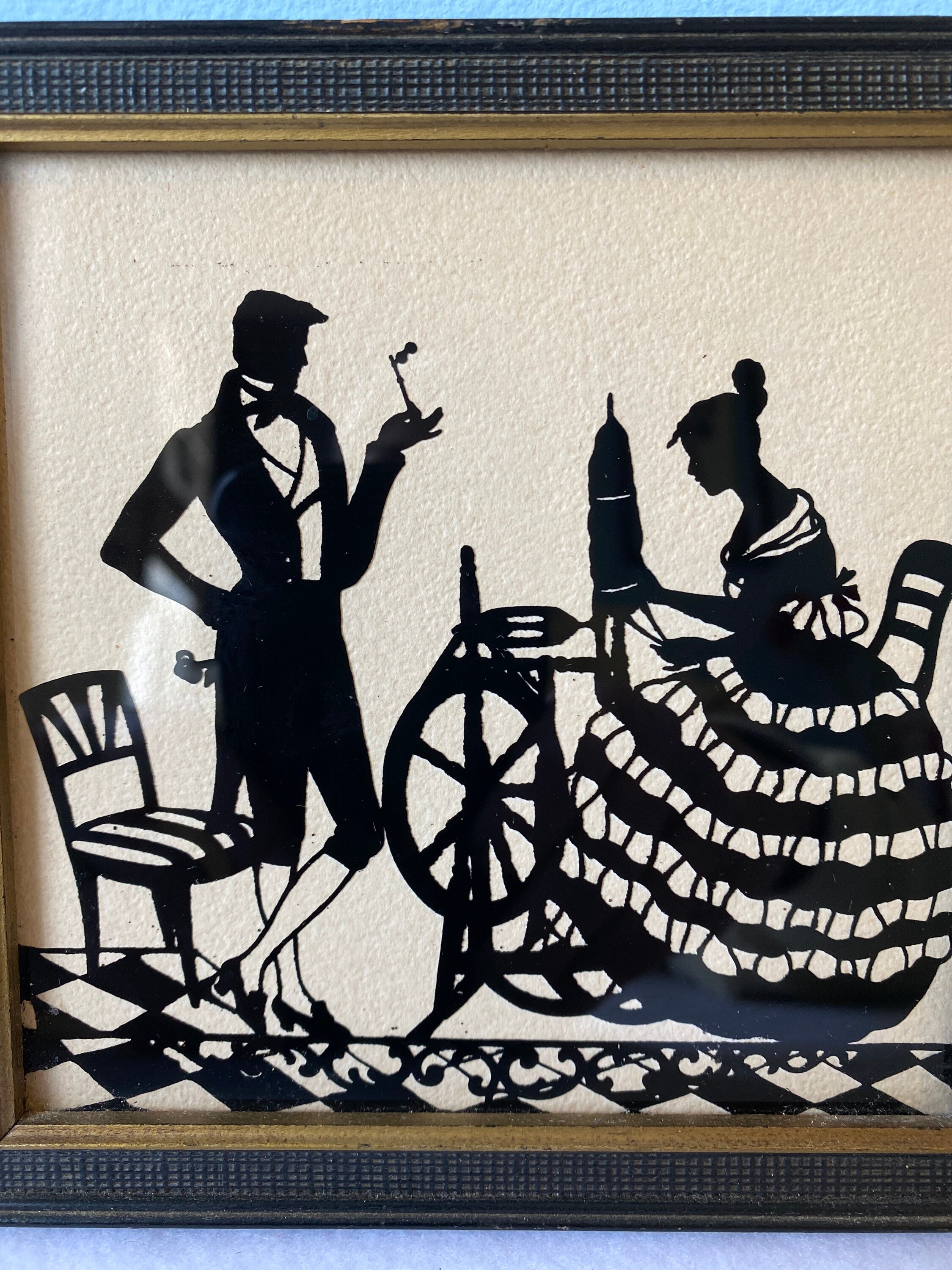 19th Century Framed Colonial Silhouette Shadow Art Courtship Scene and ...