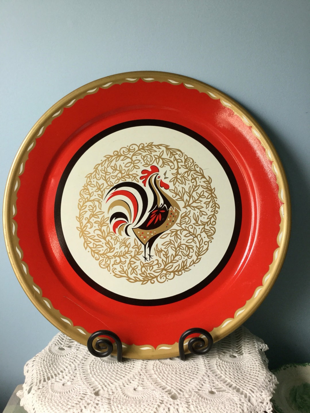 Rooster Tray Large Serving Tray Red, Gold, Black and White - Etsy